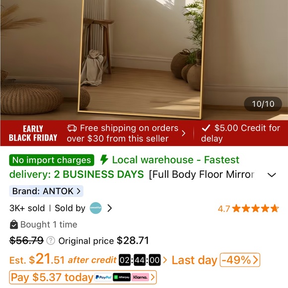 Temu | Wall Decor | Antok Gold Full Body Floor Mirror | Poshmark
